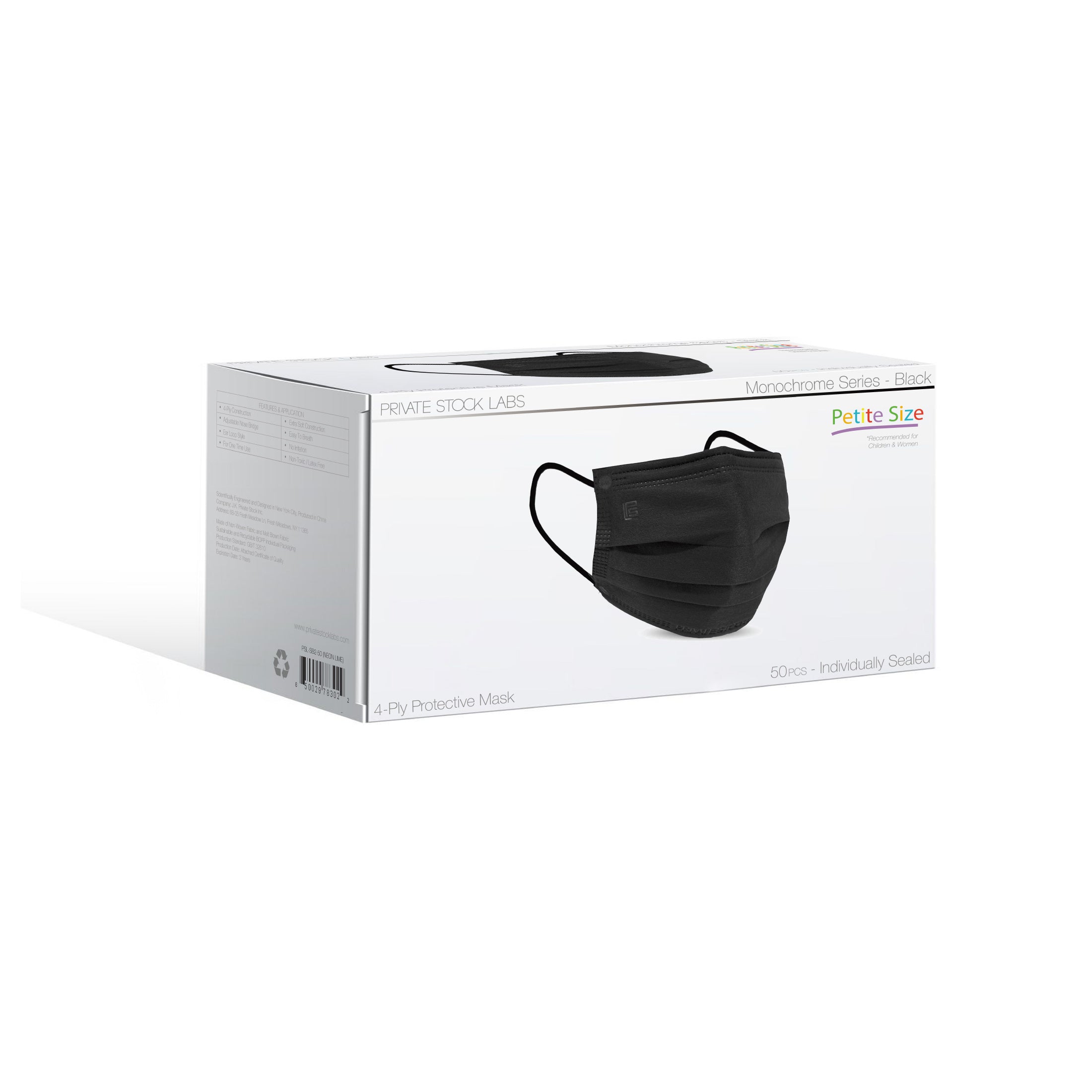 Petite 4-Ply Protective Mask - Monochrome Series - Black (Pack of 50 ...